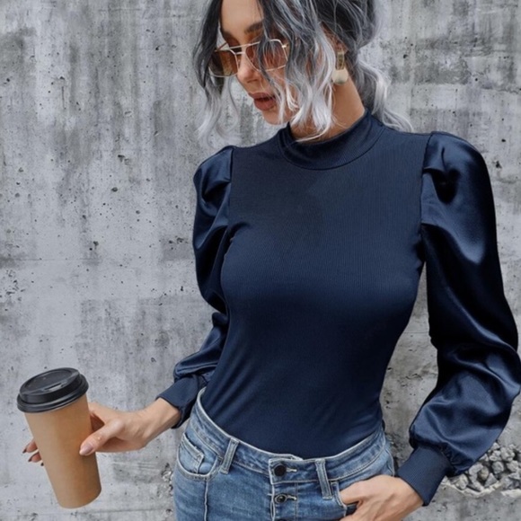 Tops | Ribbed Long Sleeve Puff Top Black | Poshmark